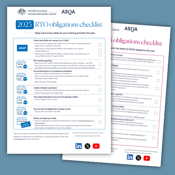 2025 RTO and ESOS obligations checklists | Australian Skills Quality Authority (ASQA)